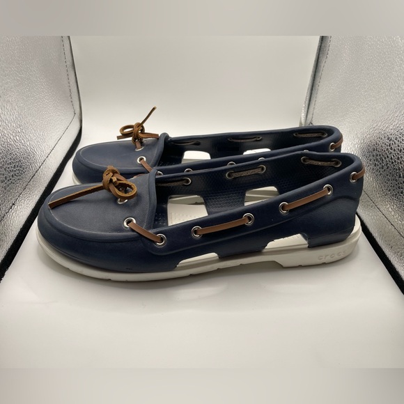 CROCS | Shoes | Crocs Beach Nautical Line Blue Boat Shoes Size 9 Women ...